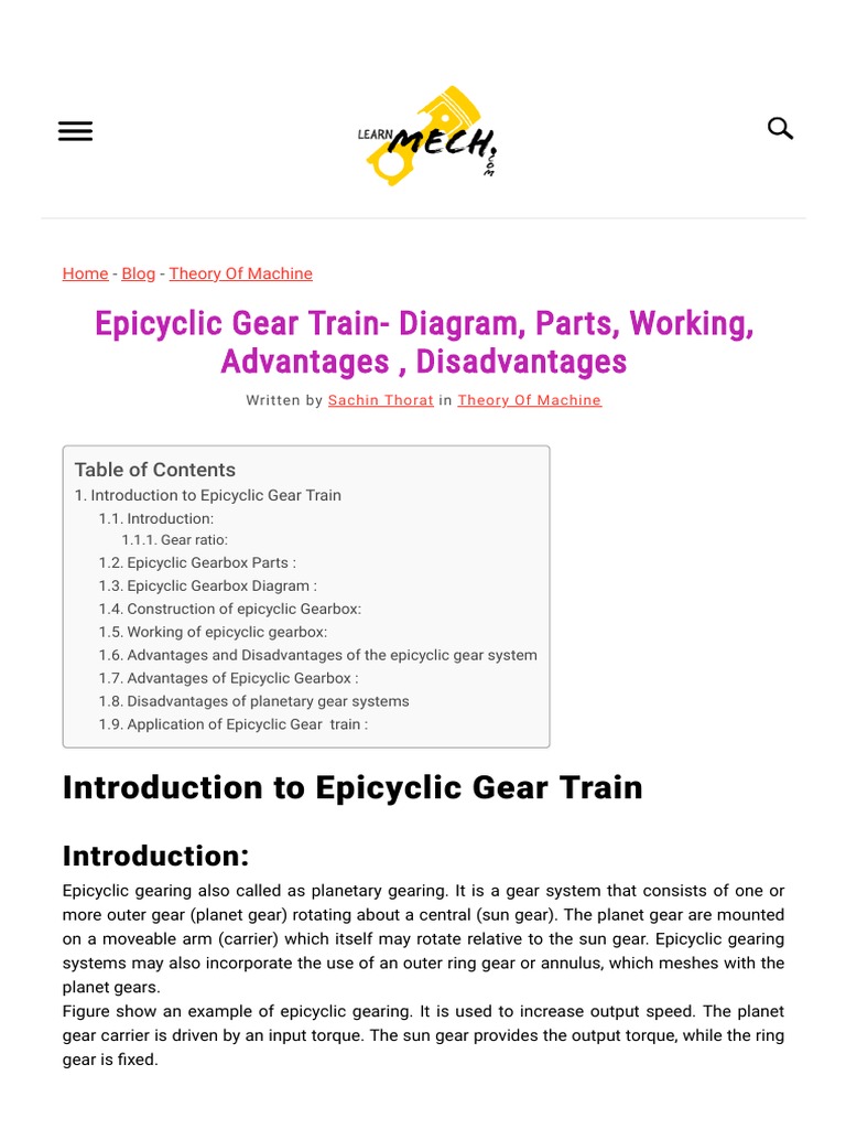 Epicyclic Gear Train - Diagram, Parts, Working, Advantages ...