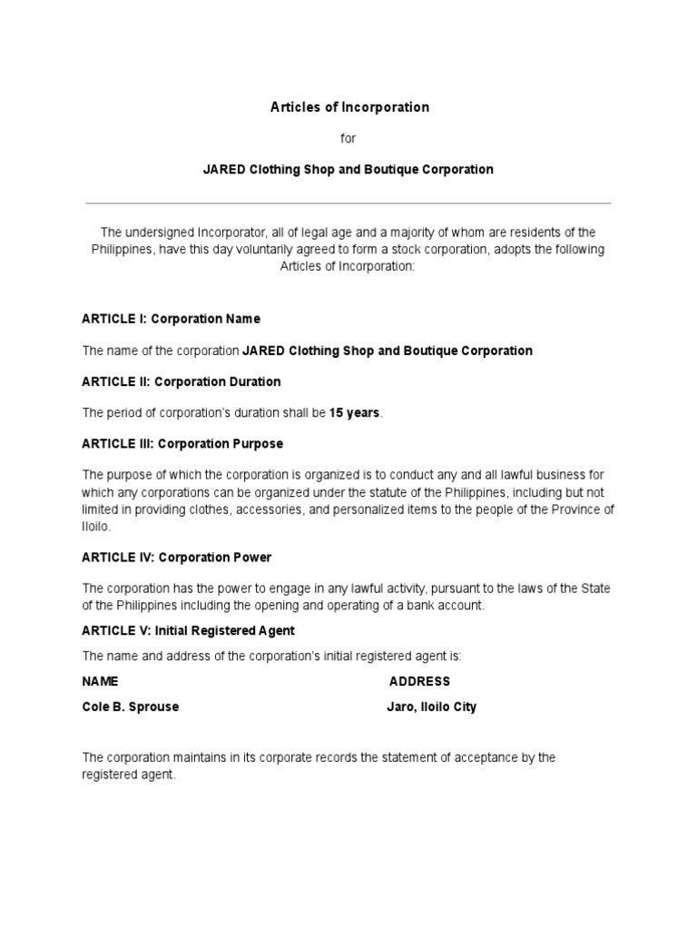 Articles of Incorporation for JARED Corp | PDF | Corporations | Justice
