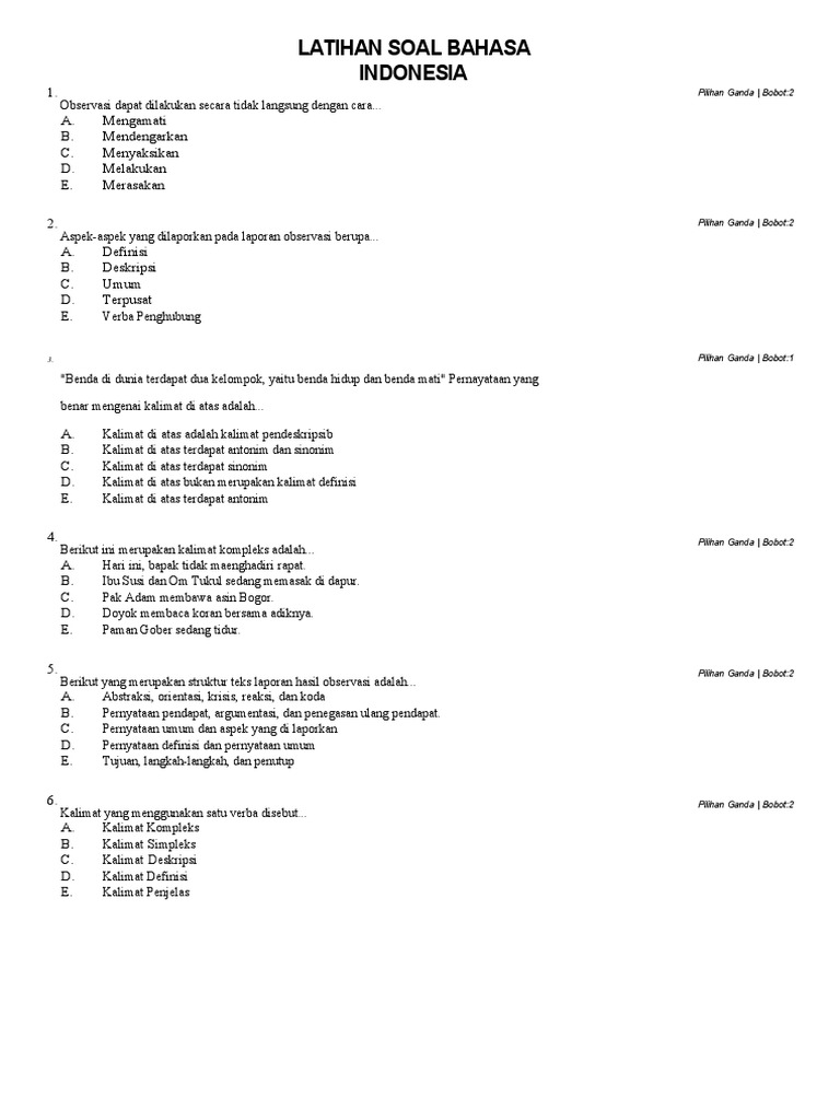 Latihan Soal Bahasa Indonesia: Pilihan Ganda - Bobot:2 | PDF