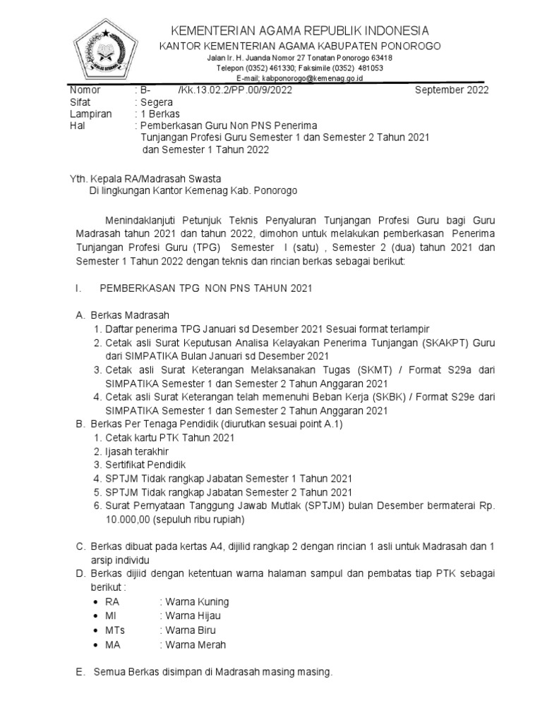 Edaran Pemberkasan Tpg Semester1 2 Tahun 2021 Onproses Pdf