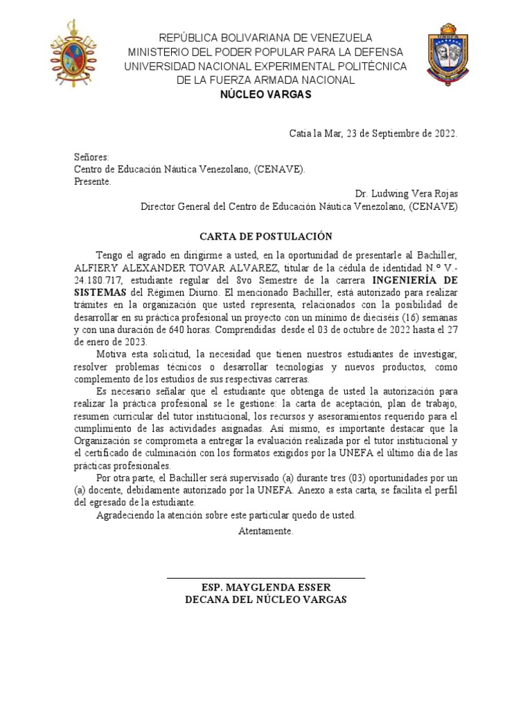 Carta De Postulacion 1 2022 Pdf Venezuela