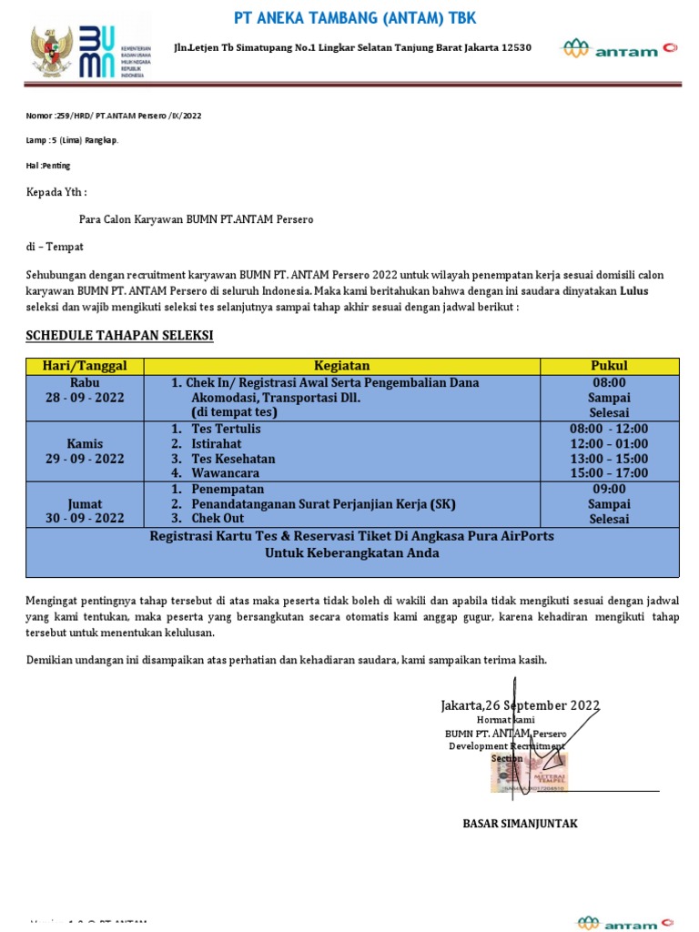 Surat Panggilan Interview PT ANTAM PERSERO TBK | PDF