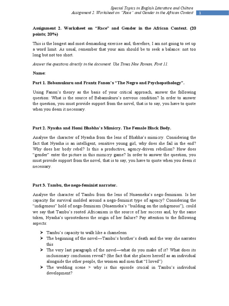 Assignment 2. African Context Worksheet | PDF | Gender | Gender Studies