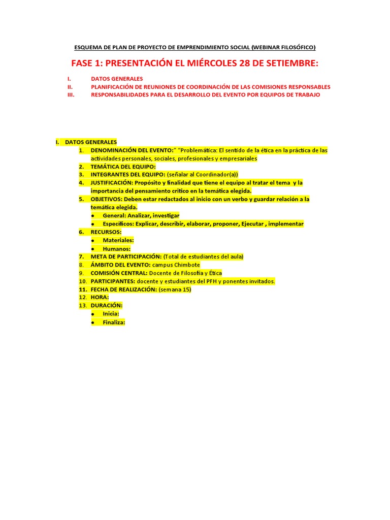 FORMATO PARA PROYECTO DE EMPRENDIMIENTO SOCIAL - Parte 1 (1) SECCION A3 | PDF | Planificación