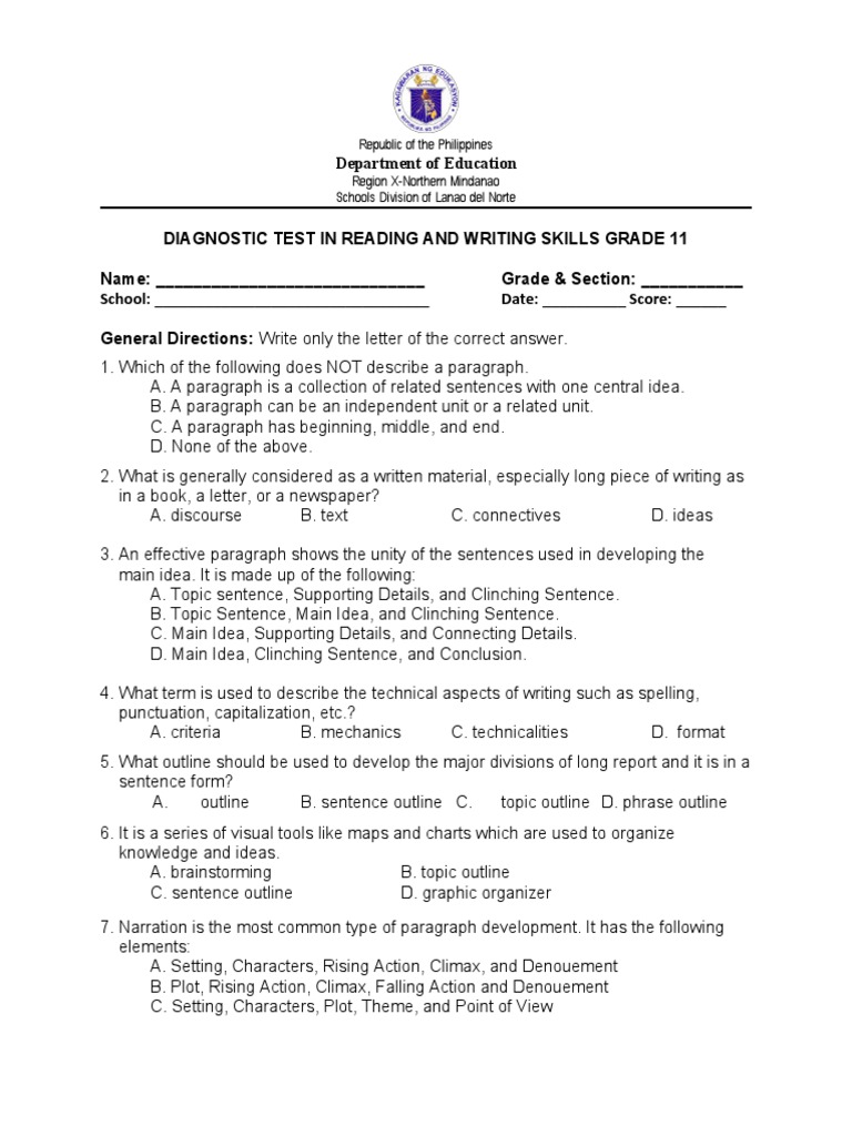 Grade 11 Reading and Writing Diagnostic Test | PDF