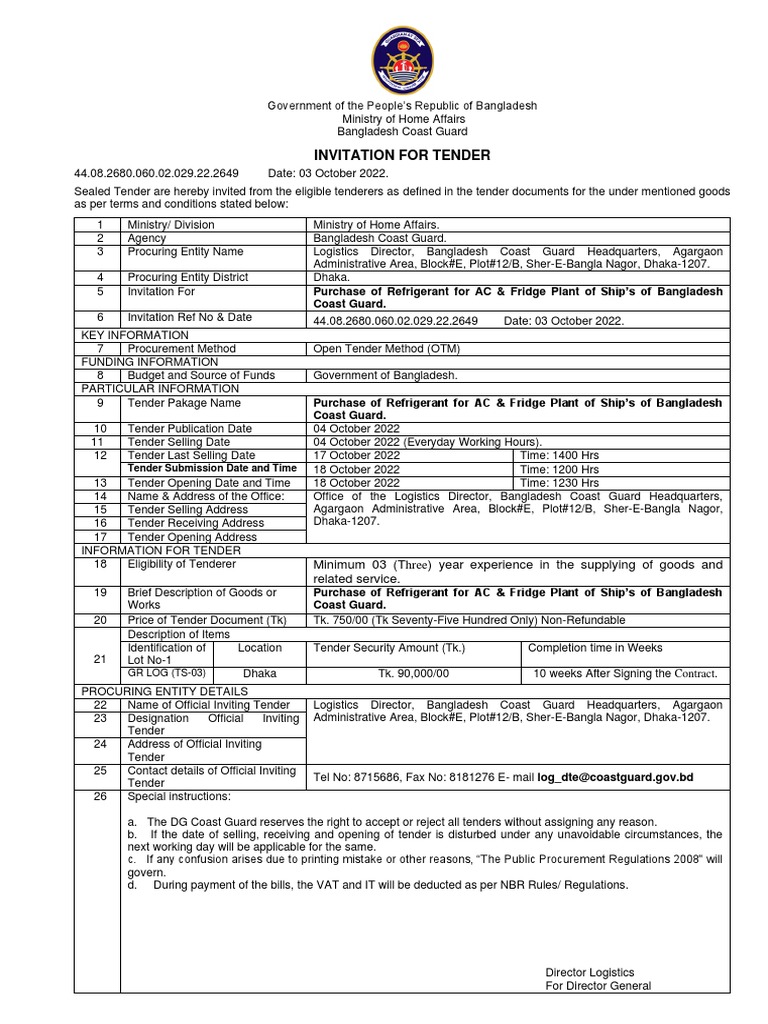 Invitation For Tender: Tender Submission Date and Time | PDF ...