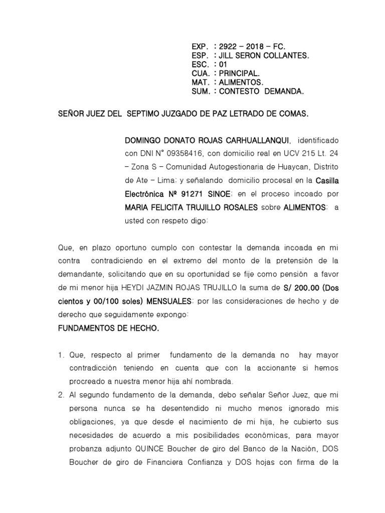 Contestacion Demanda de Alimentos | PDF