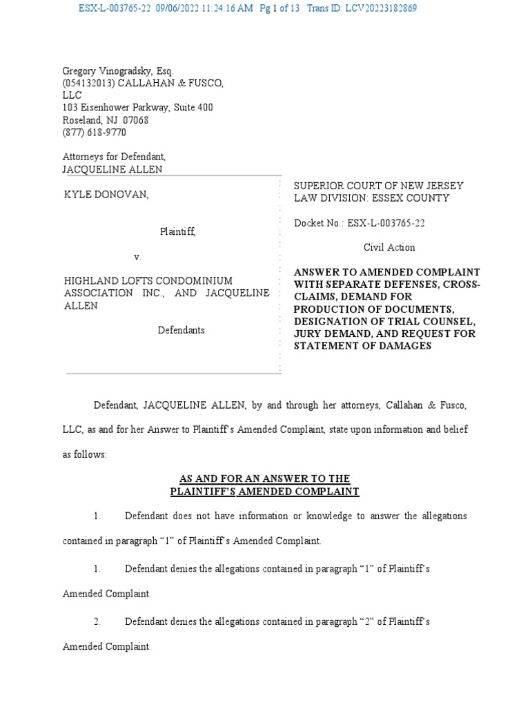 Defendant Jacqueline Allen's Answer to Plaintiff Kyle Donovan's Amended Complaint Regarding ...