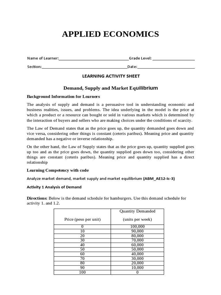 Demadn Supply Curve Activity | PDF | Supply And Demand | Supply (Economics)