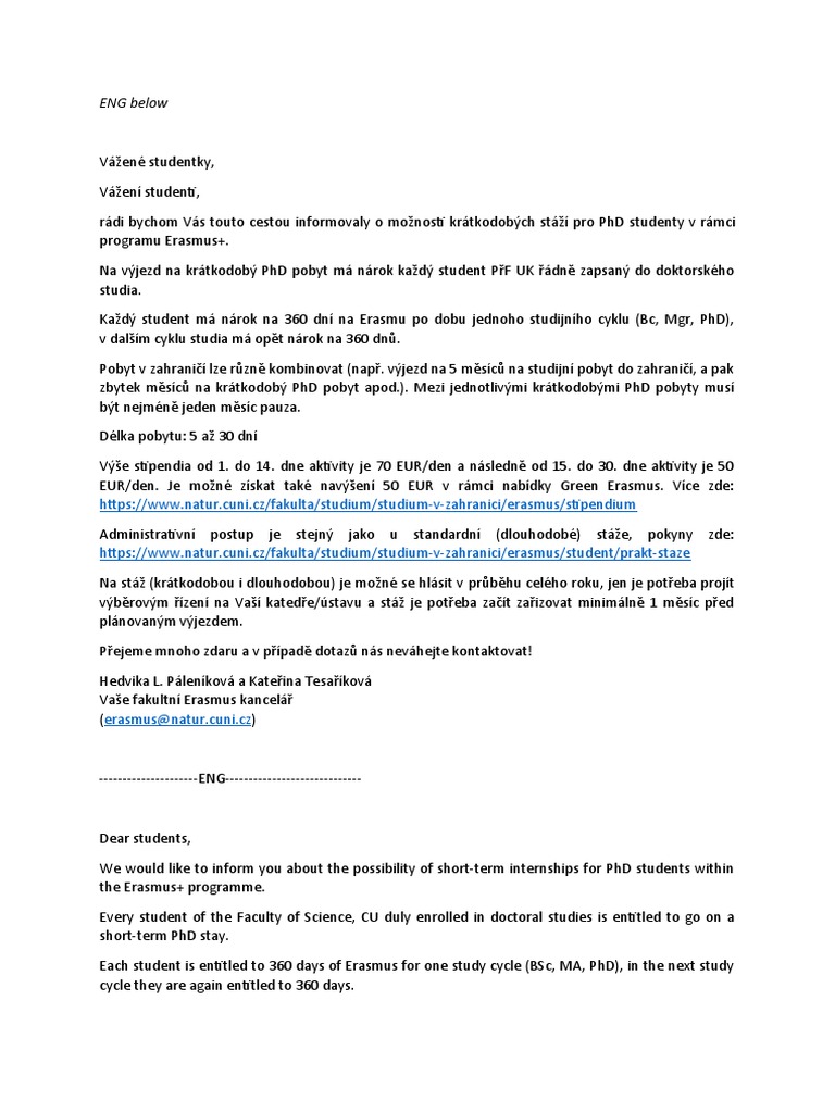 Email Studentům PHD - Krátkodobá Stáž Erasmus | PDF
