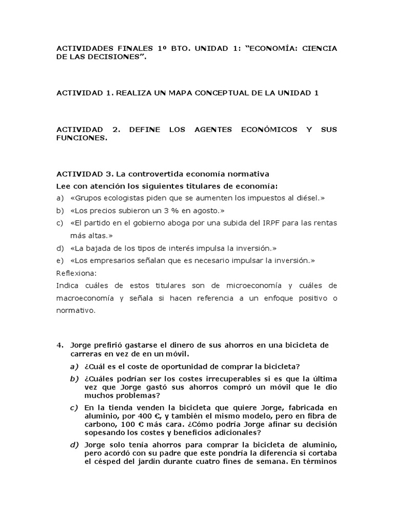 Actividades Finales 1º Bto Economia Tema 1 | PDF | Macroeconómica | Microeconomía