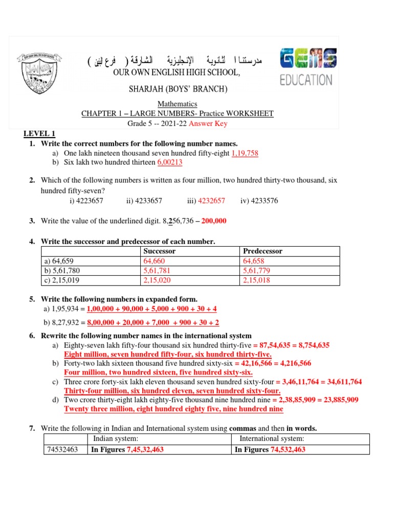 Class 5 Large Numbers Worksheet | PDF | Numbers | Written Communication