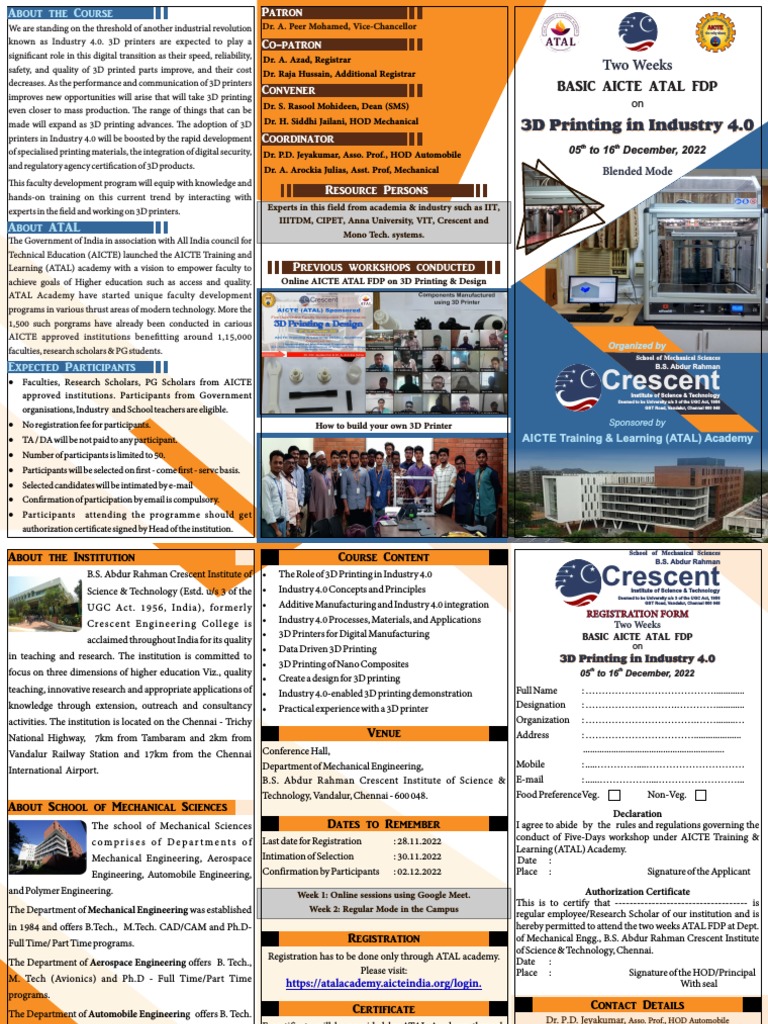 Brouchure AICTE ATAL FDP On 3D Printing in Industry 4.0 | Download Free ...