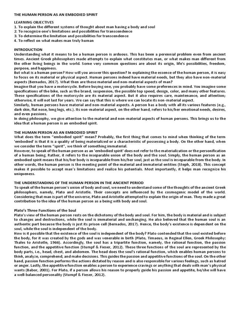 The Human Person As An Embodied Spirit | PDF | Soul | Nous