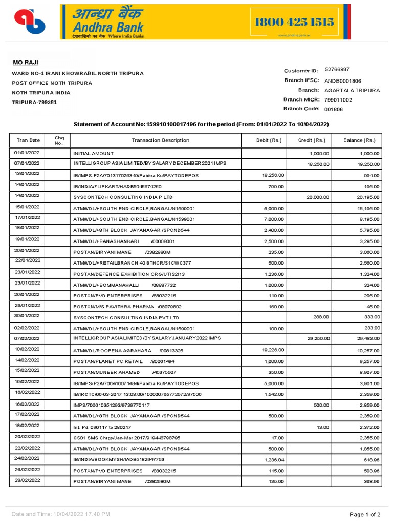 Andhra Bank Statement | PDF