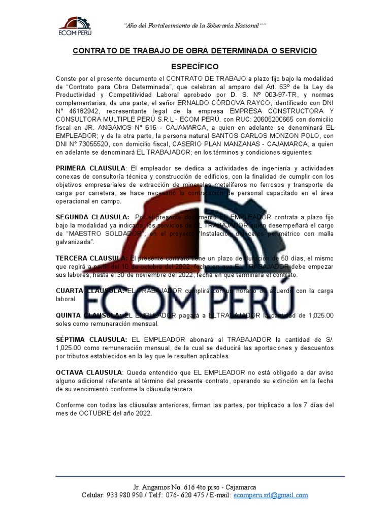Contrato de Trabajo de Obra Determinada o Servicio | PDF | Economias