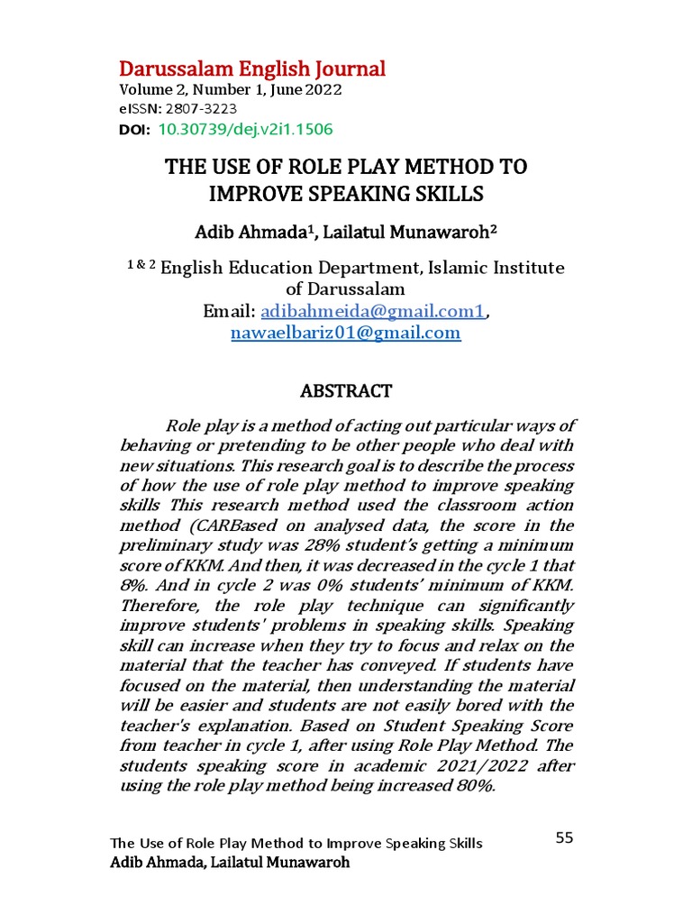The Use of Role Play Method To Improve Speaking Skills: Darussalam ...