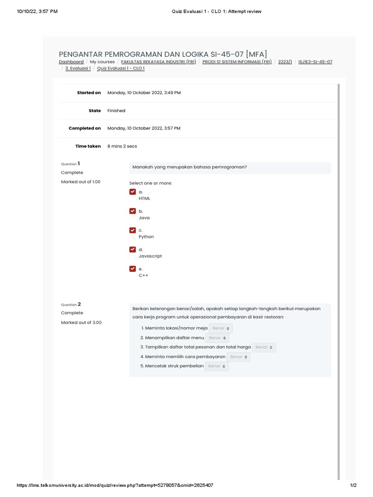 Quiz Evaluasi 1 - CLO 1 - Attempt Review | PDF