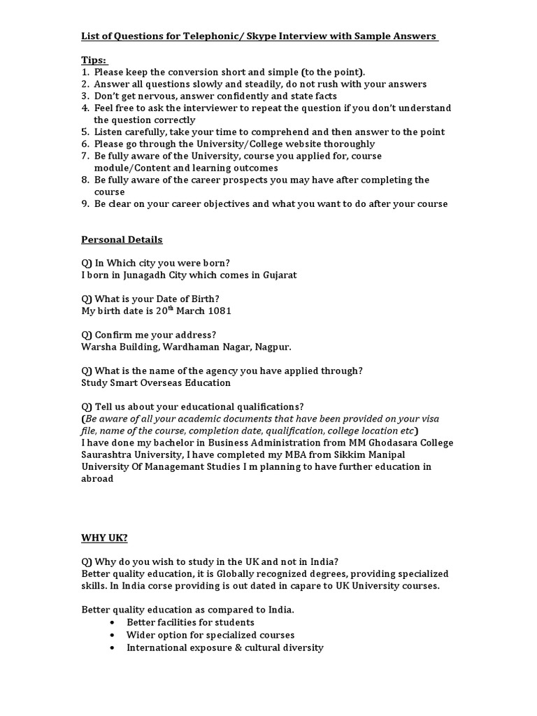 UK - University Interview - List of Questions With Sample Answers | PDF ...