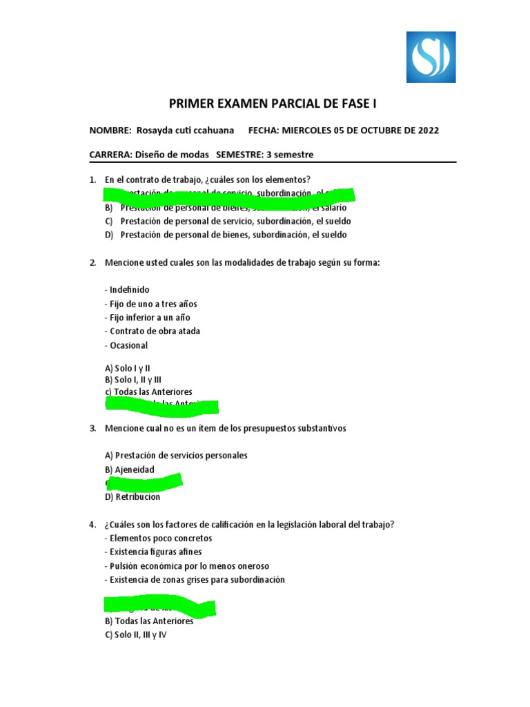 Examen Parcial de Legislacion Laboral - 001 | PDF | Derecho laboral ...