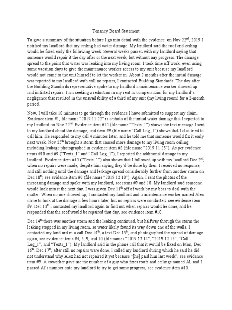 Tenancy Board Statement - Theresa Plumb V Michael Lawen | PDF ...