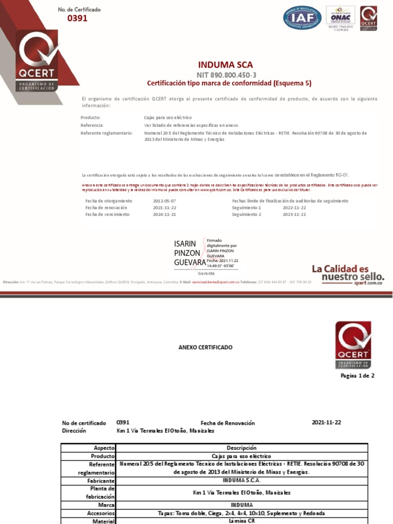 Cert 0391 CERTIFICADO RETIE CAJAS EMPALME ELECTRICO | PDF