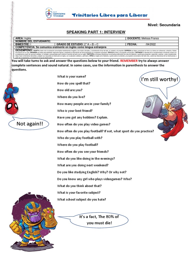 Speaking Worksheets - 2nd | PDF