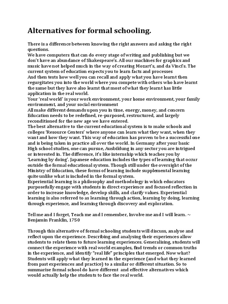 Alternatives For Formal Schooling | PDF | Learning | Experience