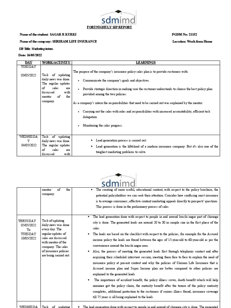 SIP Fortnightly Report Format 2022 SAGAR R KURKI 21152 | PDF | Insurance | Marketing