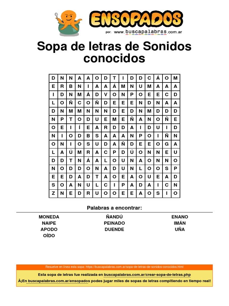 Sopa de Letras de Sonidos Conocidos | PDF