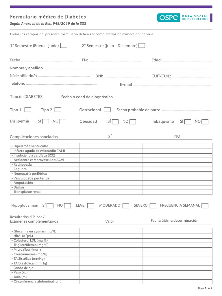 Formulario Médico de Diabetes 2020 - Res 948-2019 Sss | PDF