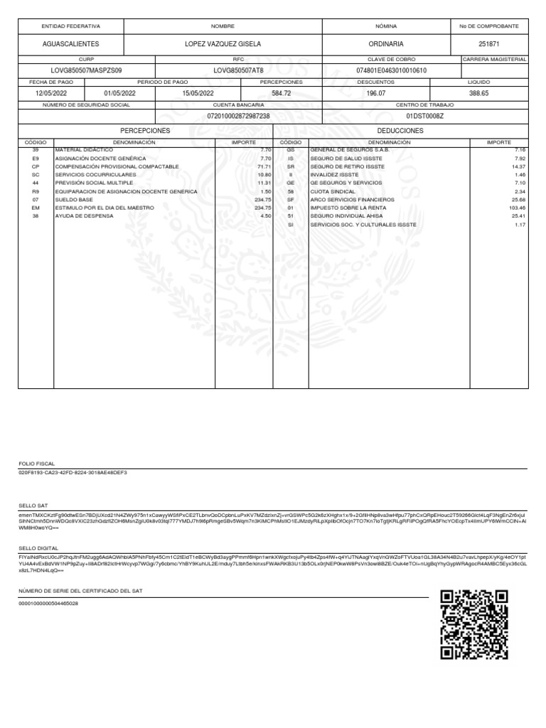 ReciboPago LOVG850507MASPZS09 202209 251871 | PDF