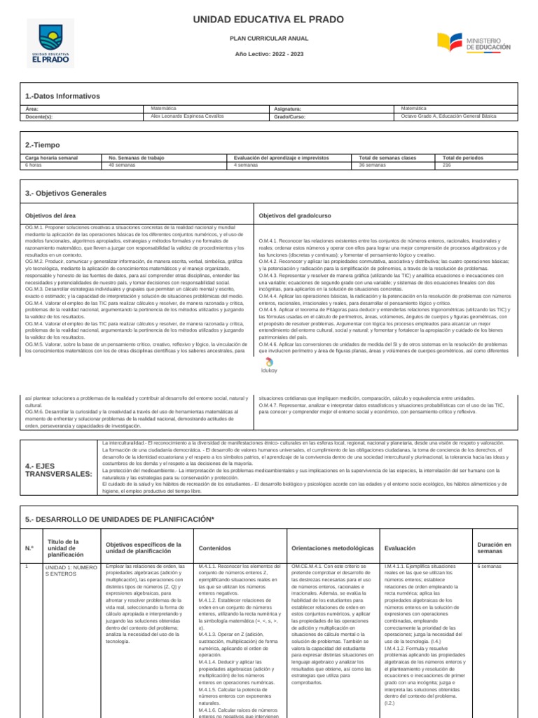Pca Matemática Octavo Egb Año 2022 2023 | PDF | Ecuaciones | Números