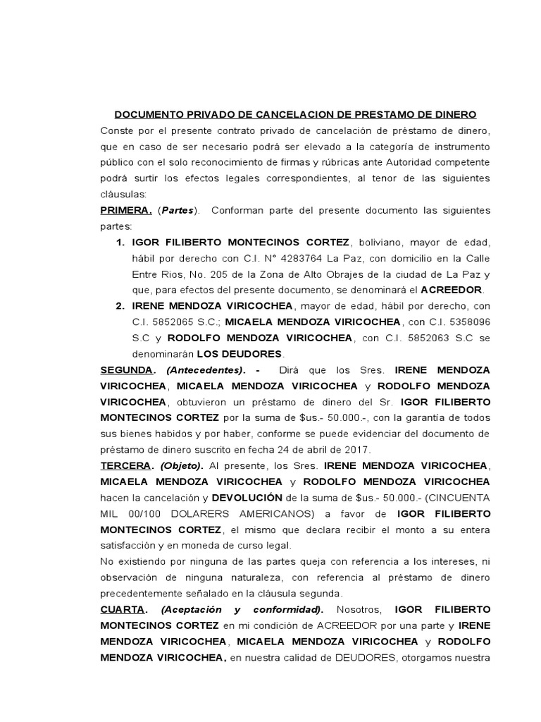 Documento Privado de Cancelacion de Prestamo de Dinero Mendoza ...