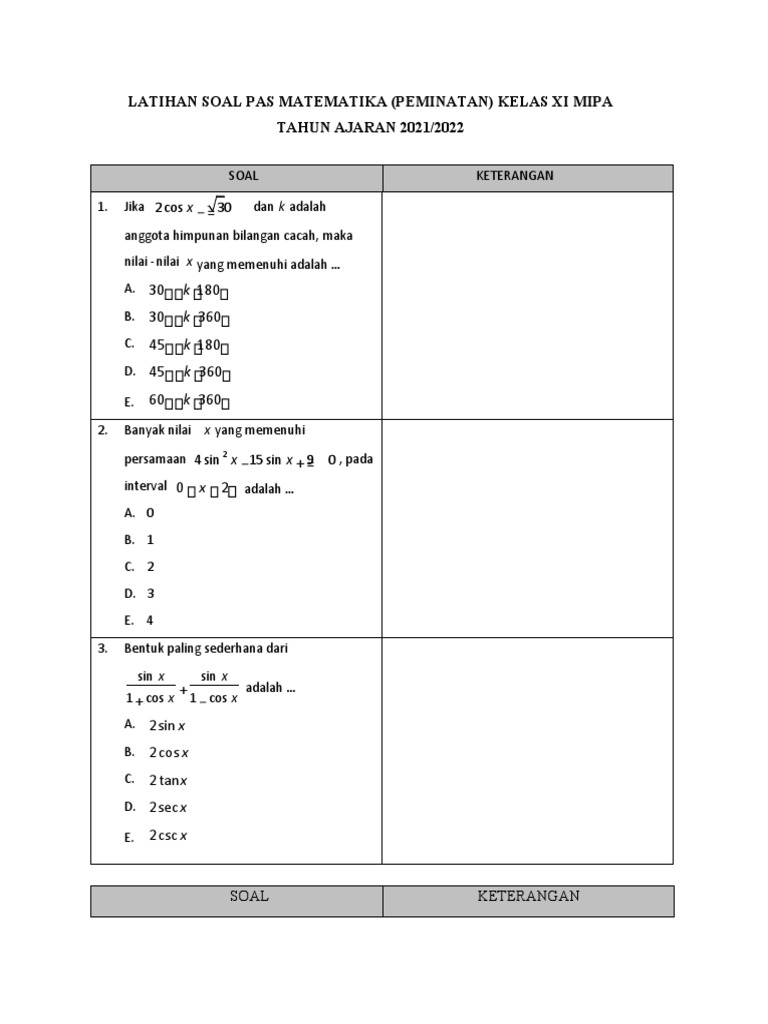LATIHAN SOAL PAS MTK Peminatan XI | PDF