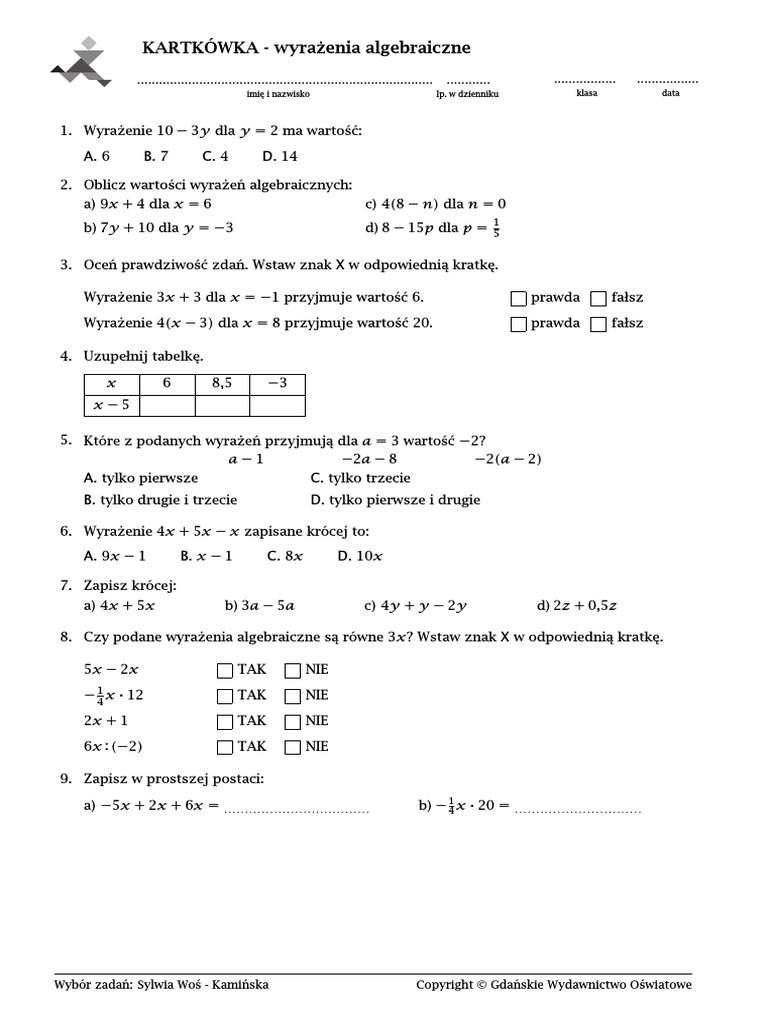 kl.6d Kartkówka Wyrażenia Algebraiczne | PDF