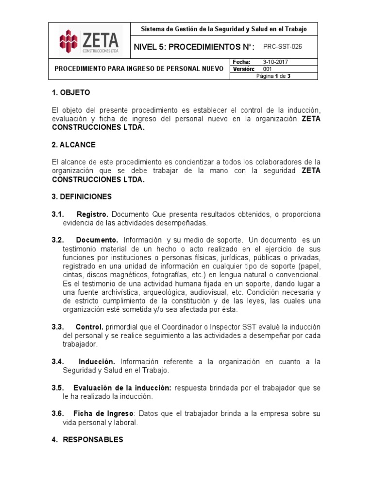 PRC-SST-026 Procedimiento para Ingreso de Personal Nuevo | PDF | Documento