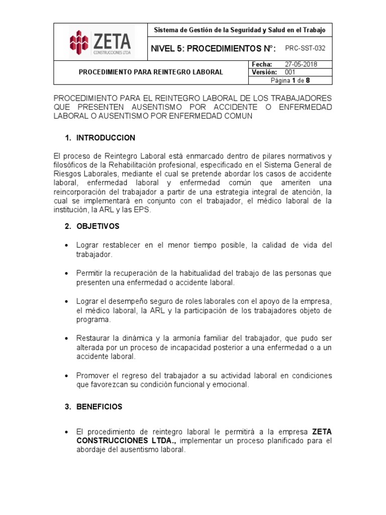 PRC-SST-033 Procedimiento para El Reintegro Laboral | PDF