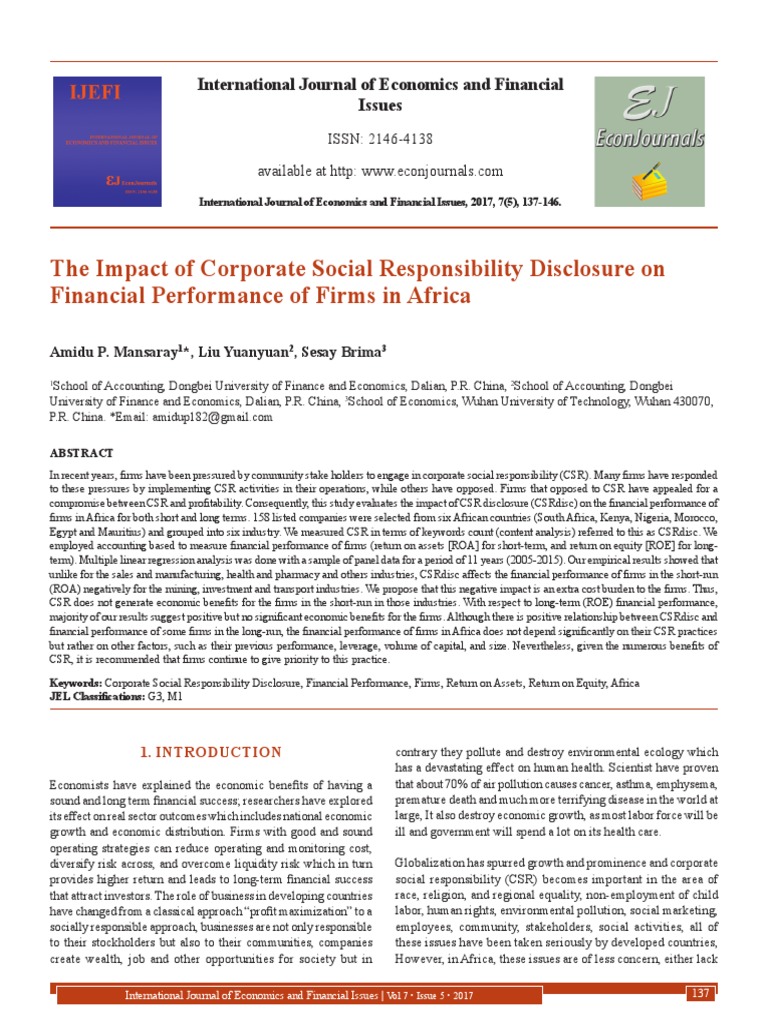 The Impact of Corporate Social Responsibility Disclosure On Financial Performance of Firms in ...