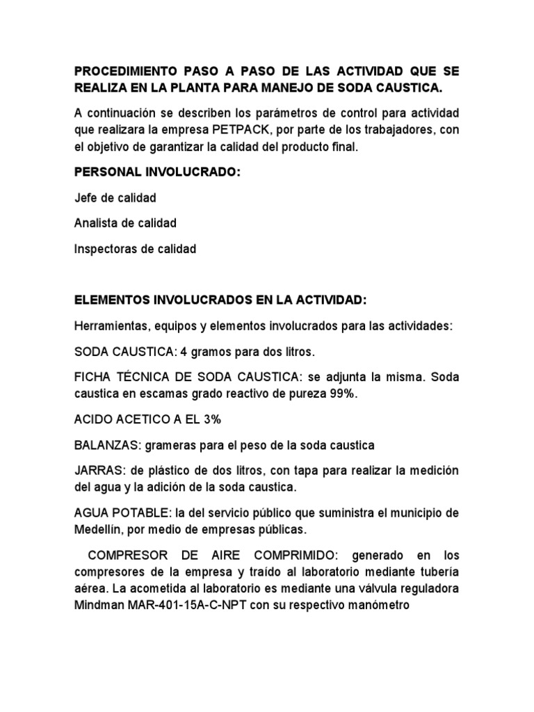Manejo Seguro de Soda Cáustica en Planta | PDF | Agua | Alimentos