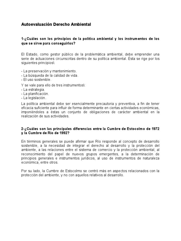Autoevaluación Derecho Ambiental | PDF | Entorno natural | Ley del Medio Ambiente