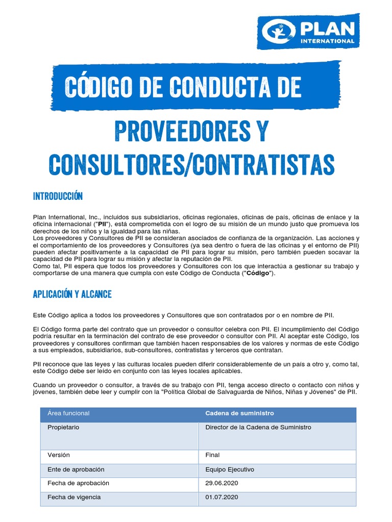 Codigo de Conducta para Proveedores, Consultores y Contratistas Version ...