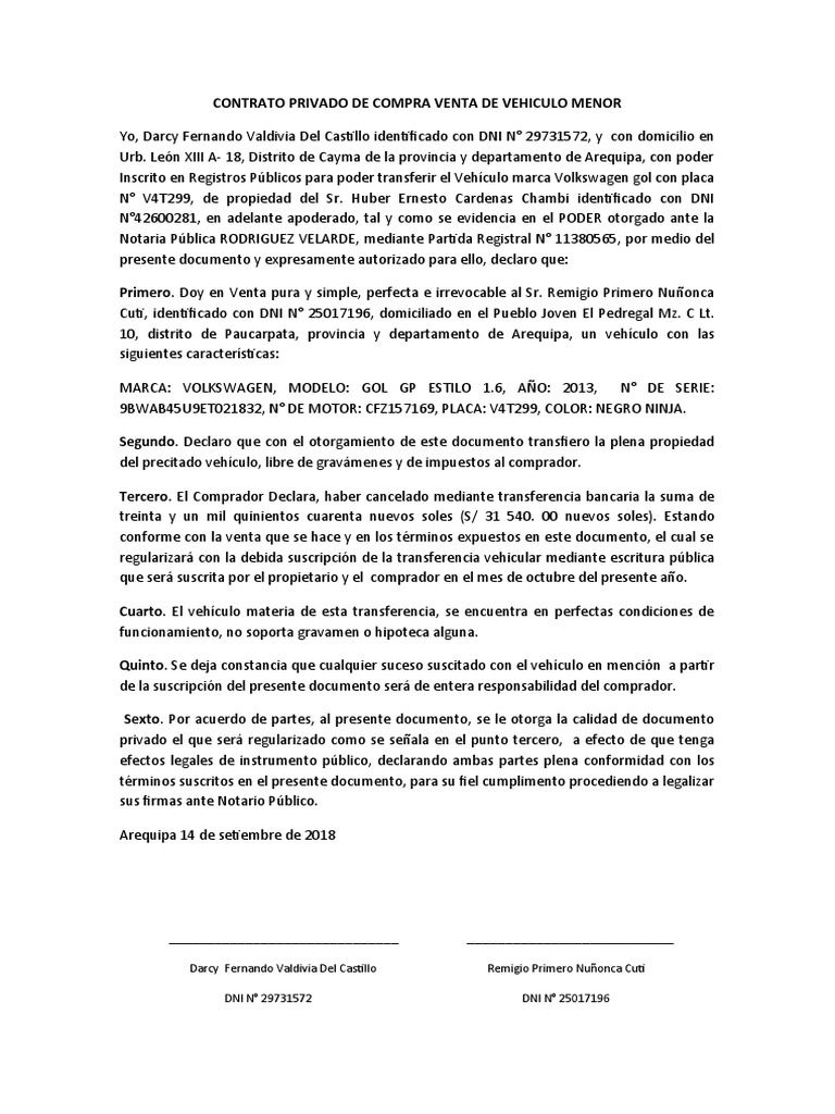 Contrato Privado de Compra Venta de Vehiculo Menor | PDF