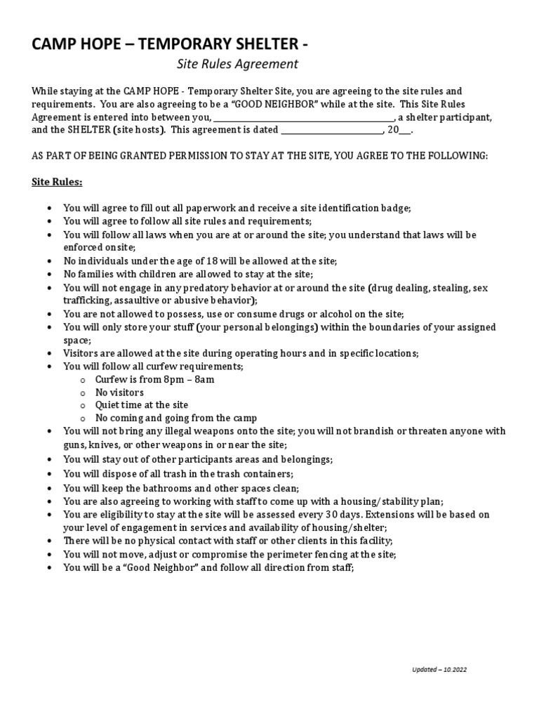 Shelter Site Rules Agreement | PDF | Crimes | Crime & Violence