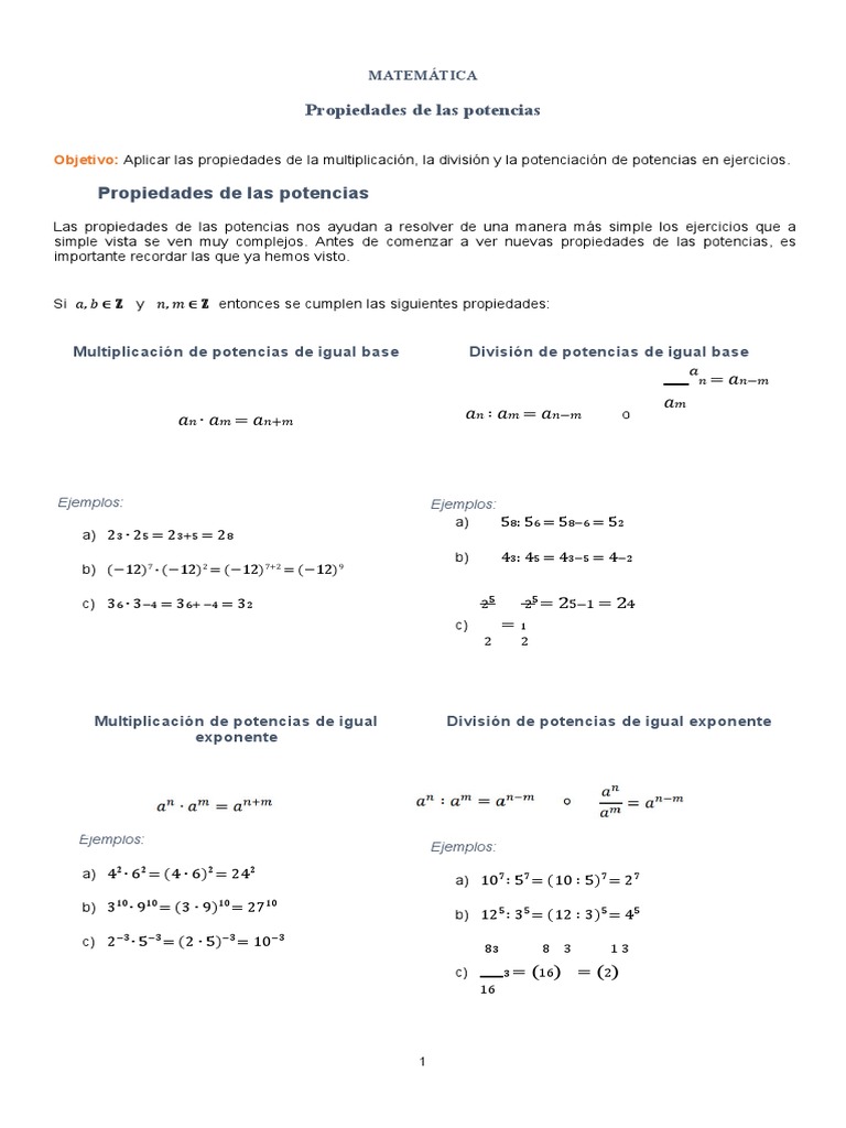 Propiedades potencias | PDF | Exponenciación | Álgebra abstracta