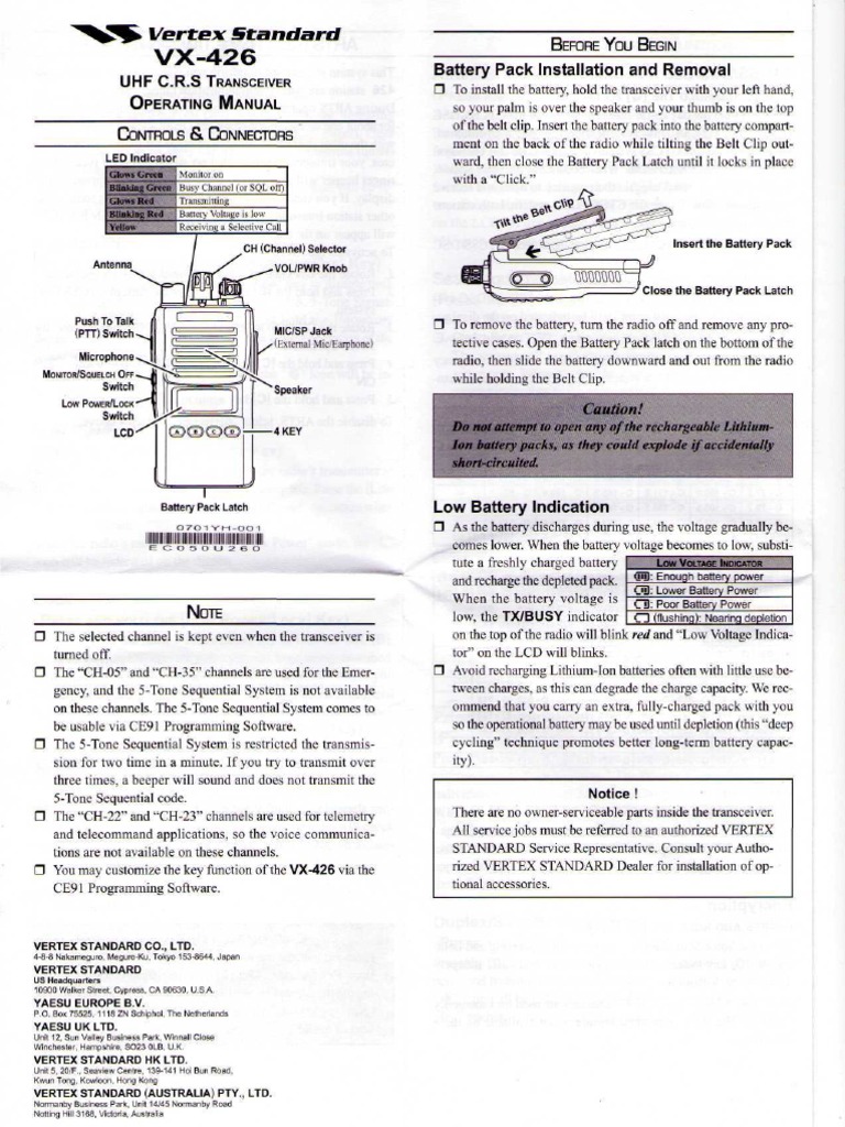 Operating Instructions for the Vertex Standard VX-426 UHF C.R.S ...