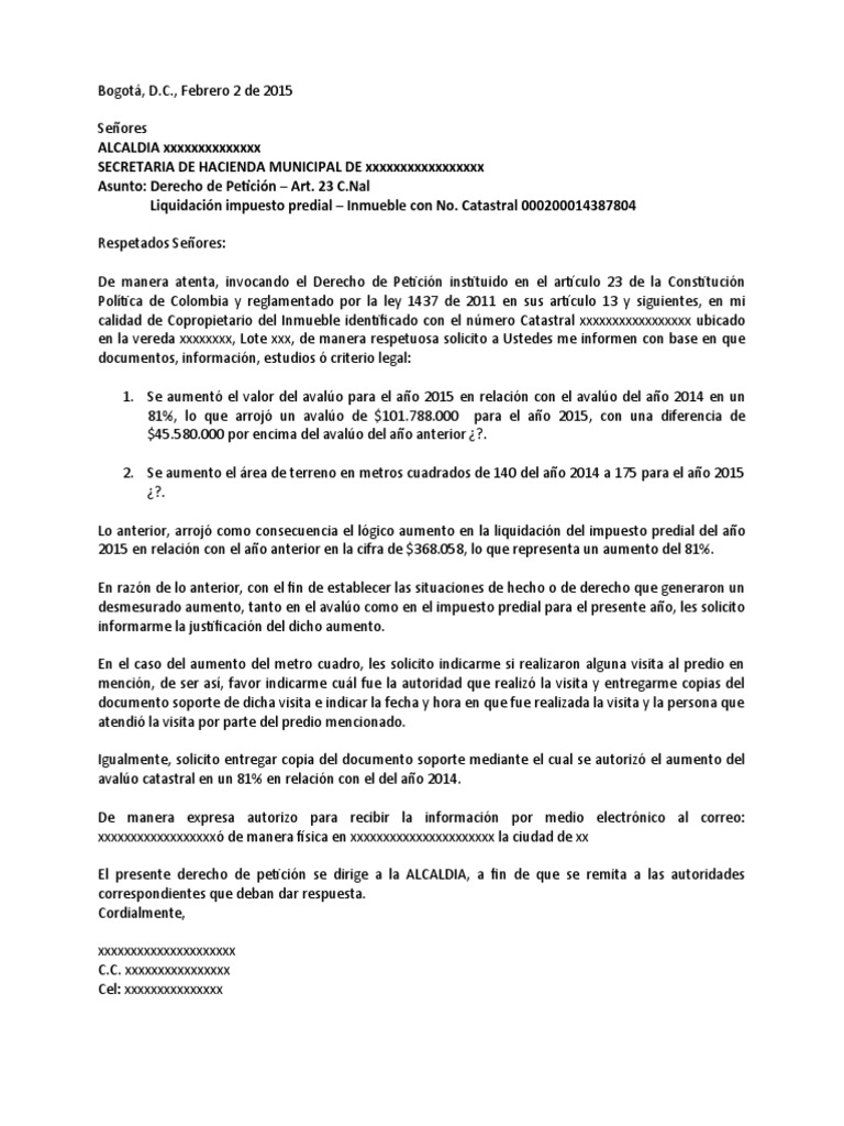 Derecho de Petición - Impuesto Predial - Inmueble IGAC | PDF Derecho de Petición - Impuesto Predial - Inmueble IGAC | PDF