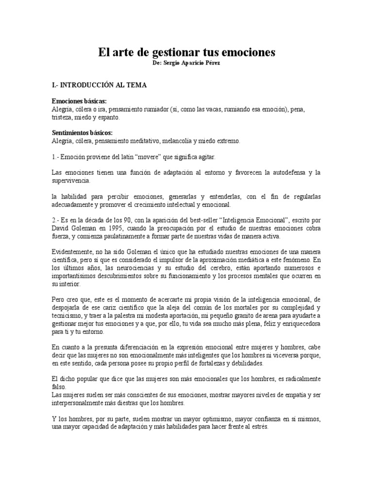 El Arte de Gestionar Tus Emociones, De: Sergio Aparicio Pérez | PDF | Las emociones | Temor