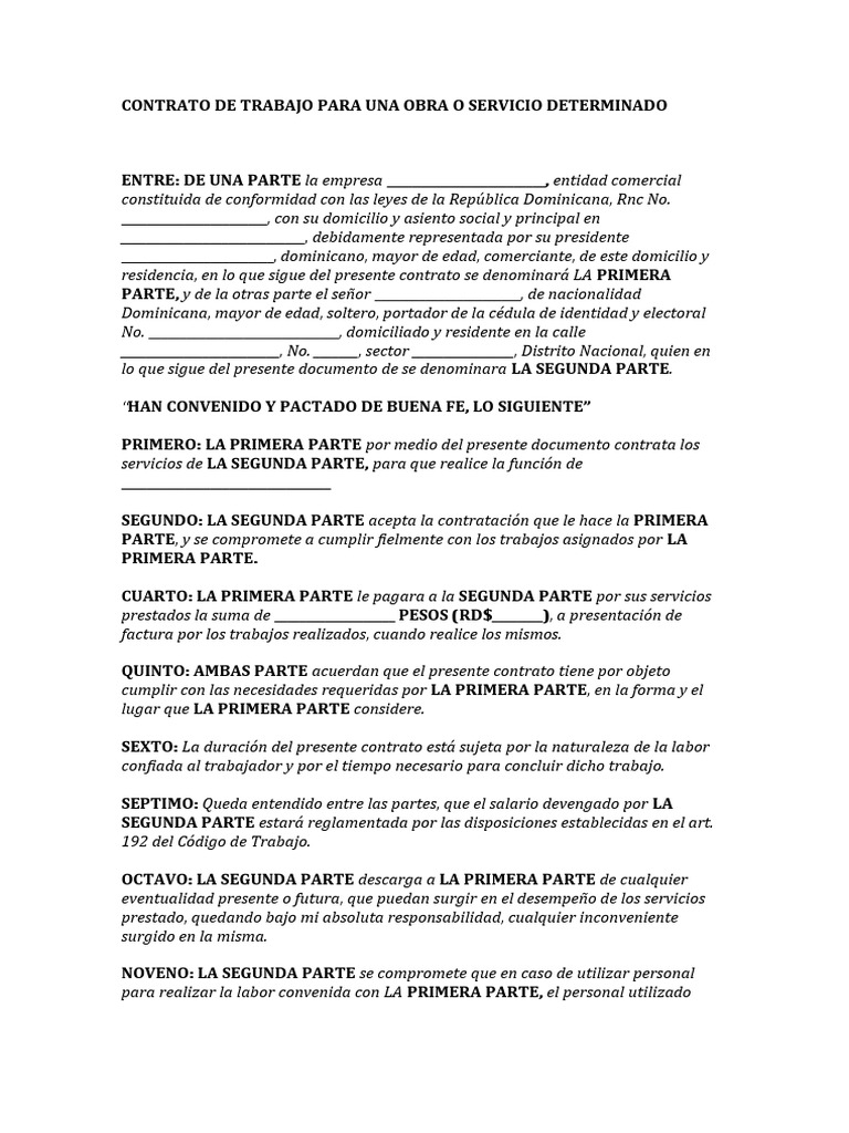 Contrato de Trabajo para Una Obra o Servicio Determinado | PDF