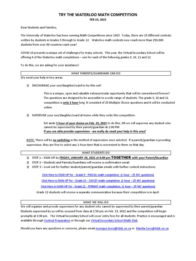 WATERLOO CEMC Math Competitions - Letter 1 | PDF | Career & Growth